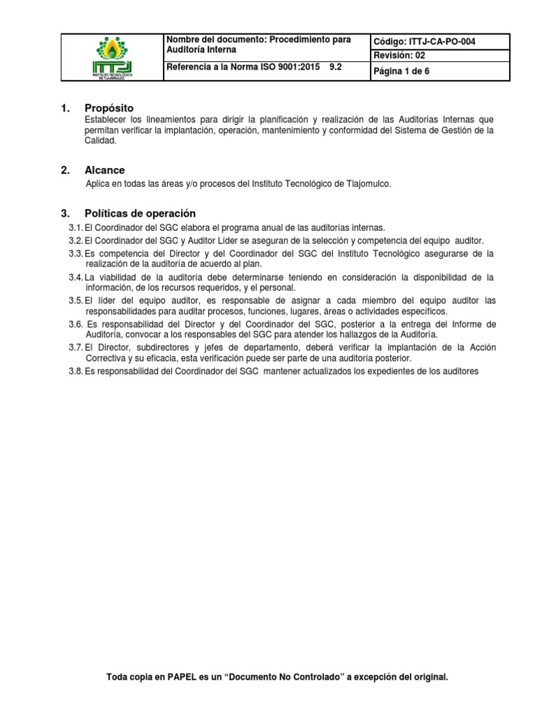 Ittj-Ca-Po-004 Proced. Auditorias Internas | PDF | Auditoría | Contralor