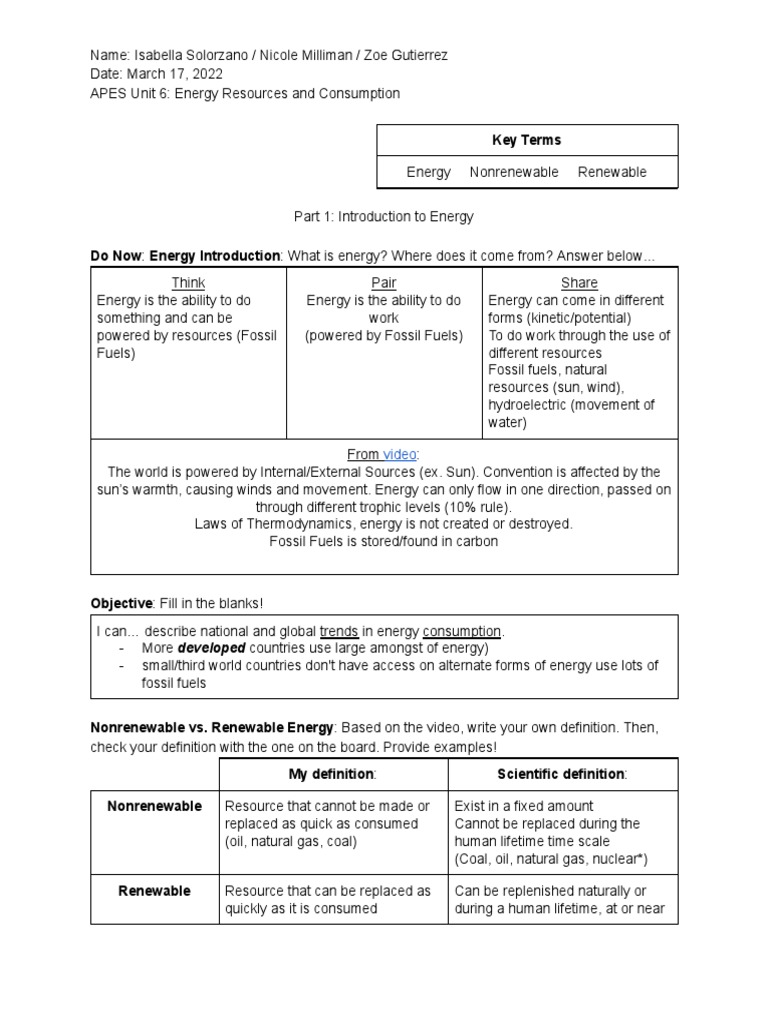 Unit 6 Energy Resources and Consumption Packet | PDF | Fuels | Energy ...