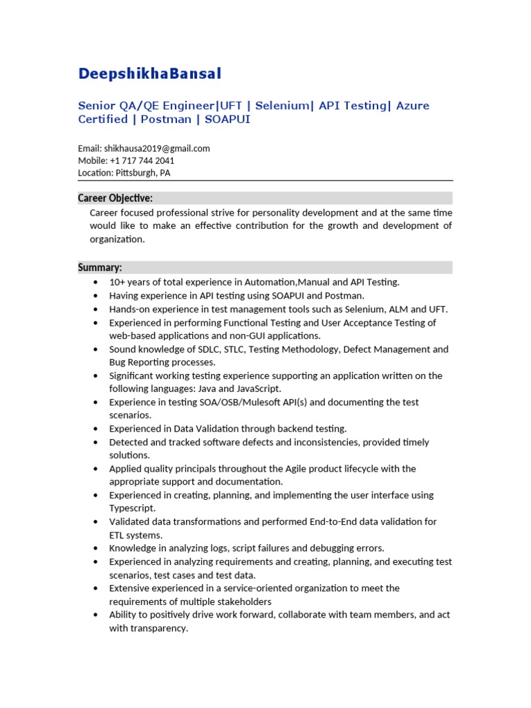 Resume Shikha+Bansal QAQE | PDF | Service Oriented Architecture | Databases