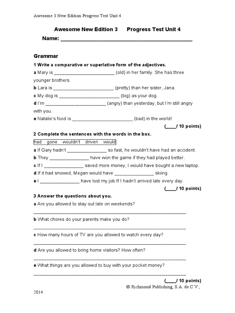Awesome 3 Progress Test Unit 4 | PDF