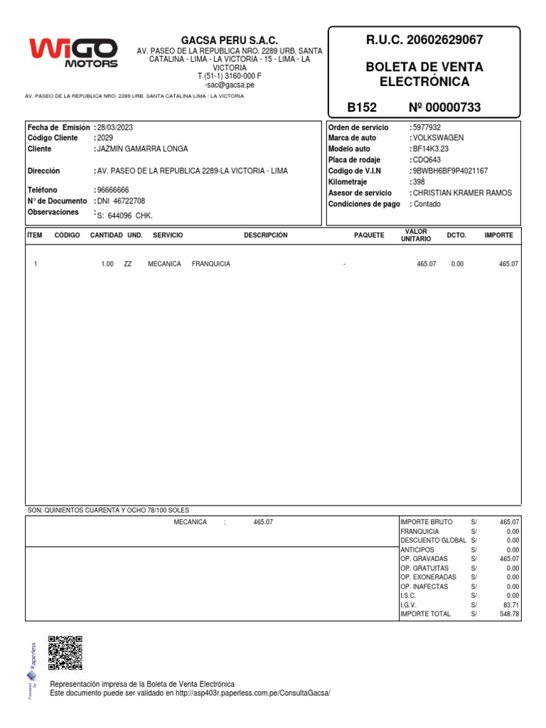 R.U.C. 20602629067 Boleta de Venta Electrónica: Gacsa Peru S.A.C | PDF