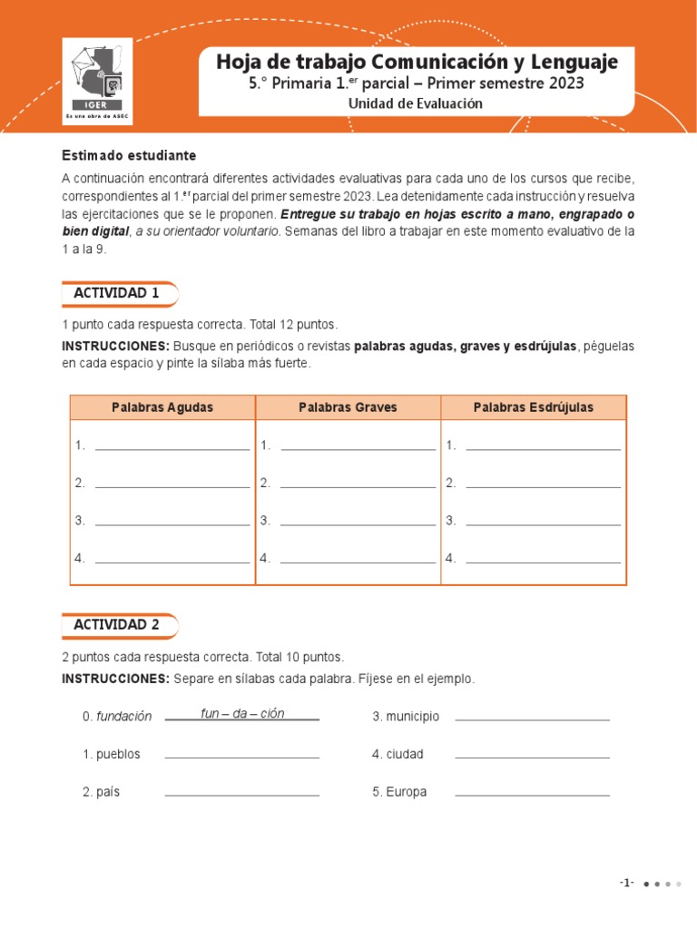 Hoja de Trabajo Comunicación y Lenguaje: 5.° Primaria 1. Parcial ...