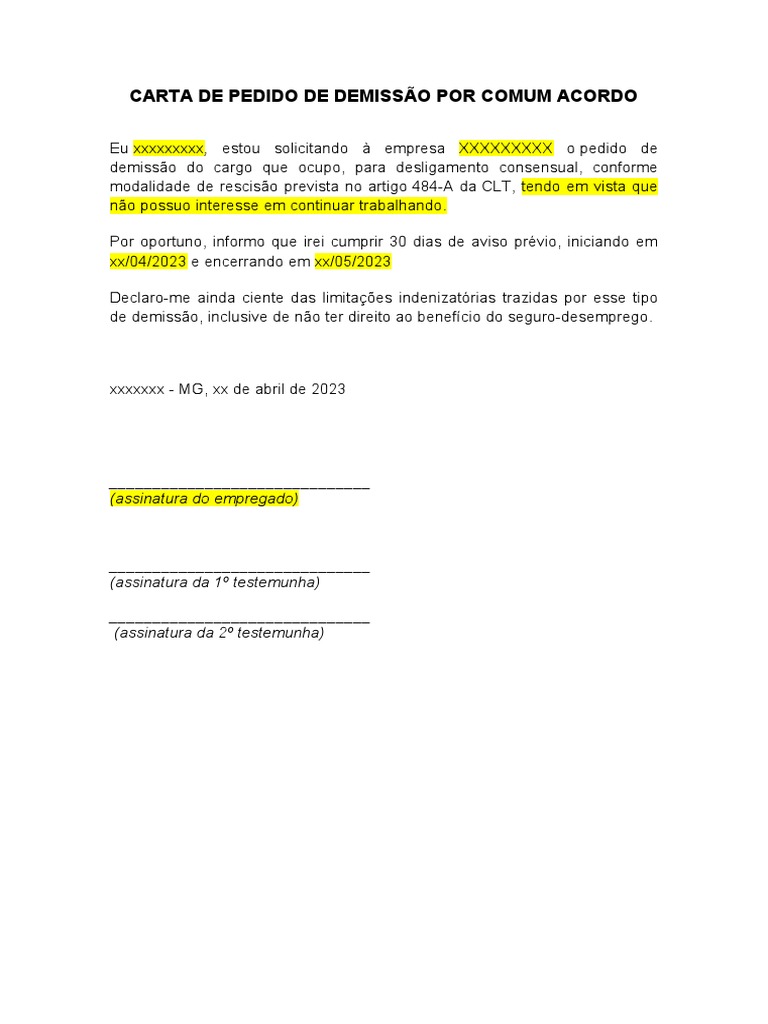 Carta de Pedido de Demissão Por Comum Acordo: - (Assinatura Do Empregado) | PDF