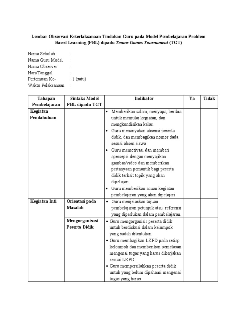 Lembar Keterlaksanaan Sintaks PBL Dipadu TGT | PDF