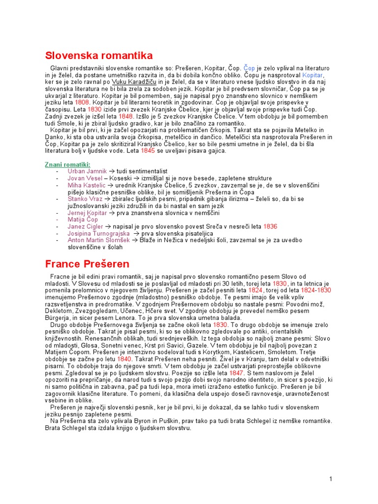 Slovenska Romantika: Znani Romatiki | PDF