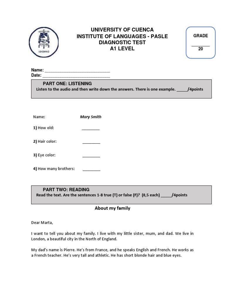 A1 Level Diagnostic Test Guide | PDF | Grammar | Speech