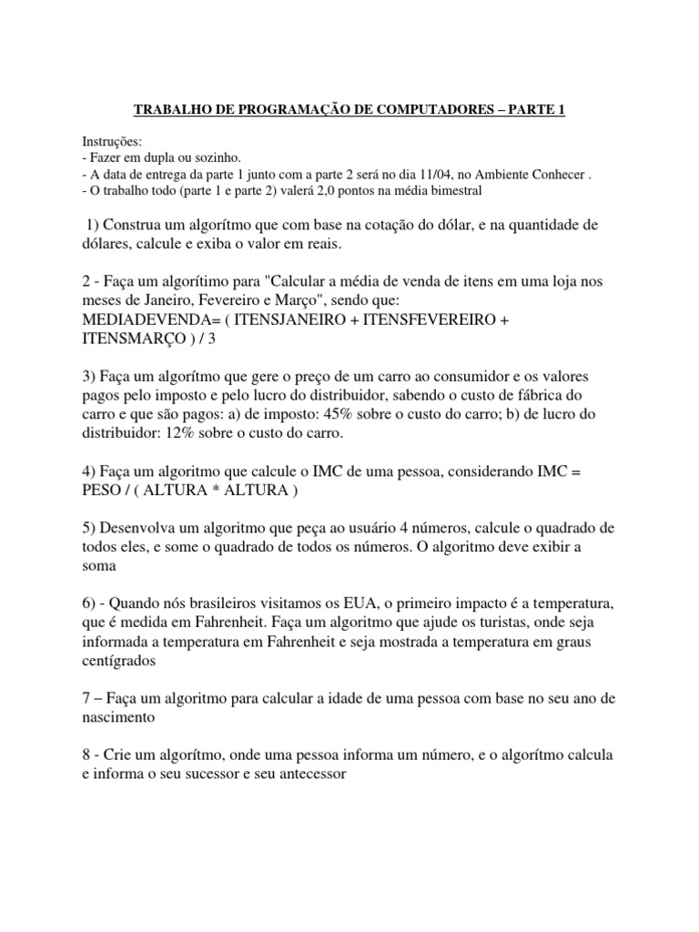 Trabalho de Programação de Computadores - Parte1 | PDF