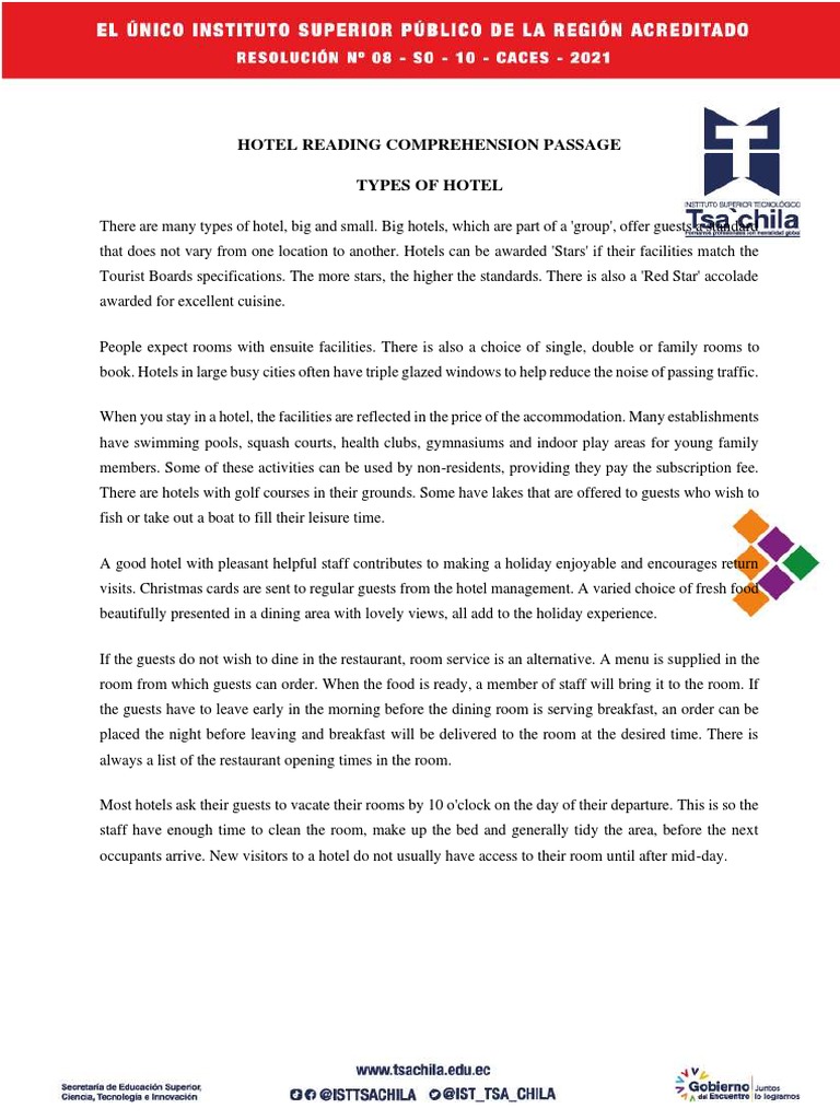 Hotel Reading Comprehension Passage Types of Hotel | PDF