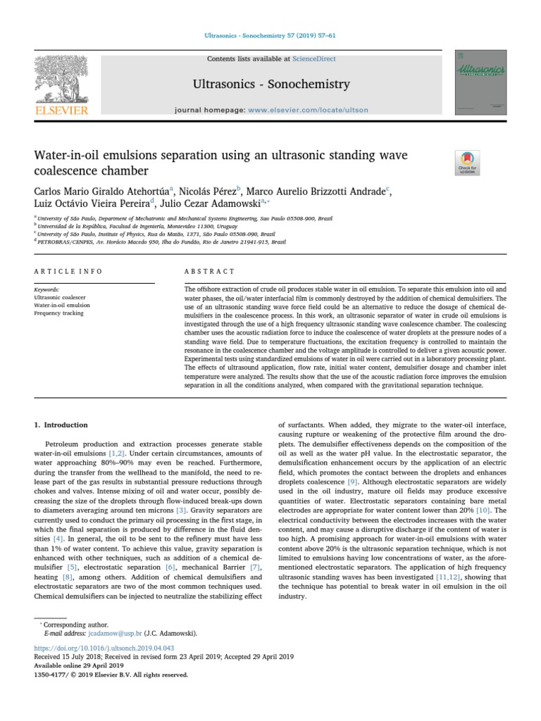 Water-In-Oil Emulsions Separation Using An Ultrasonic Standing Wave ...