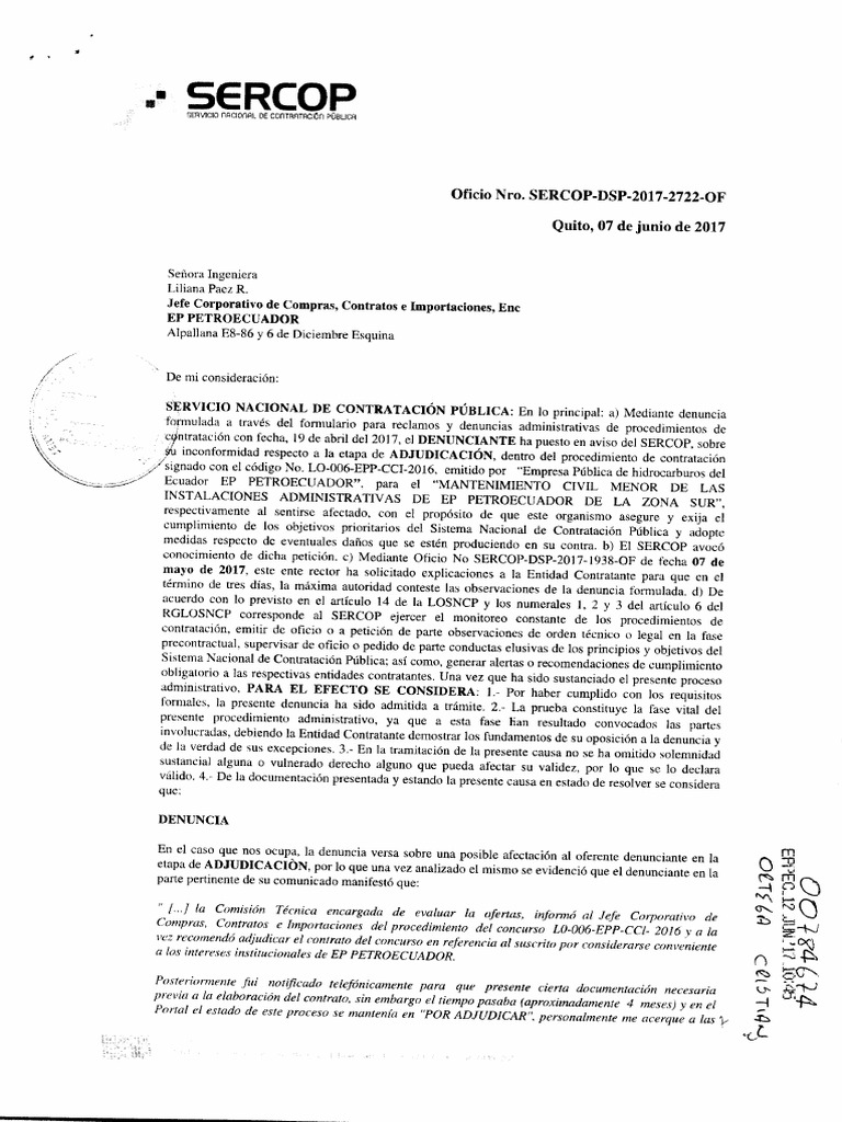 S Rcop: Oficio Nro. SERCOP-DSP-2017-2722-OF Quito, 07 de Junio de 2017 | PDF | Negocios ...