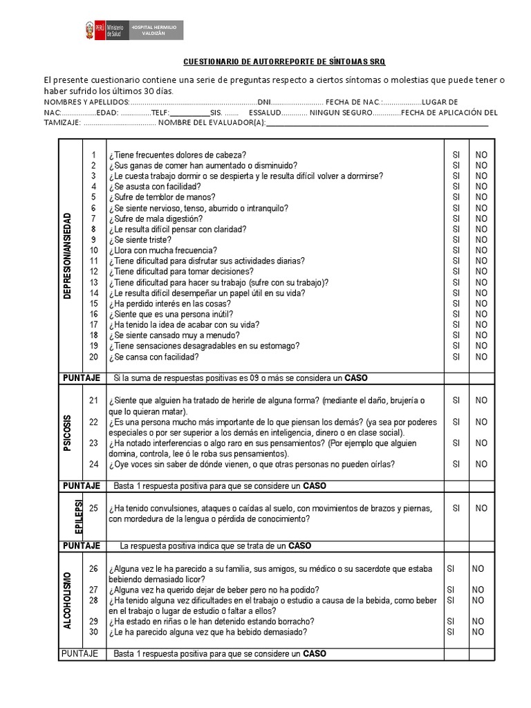 SRQ Cuestionario de Autorreporte de Sintomas | PDF | Medicina CLINICA ...