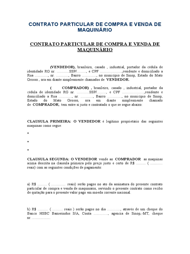 Contrato Particular de Compra e Venda de Maquinário | PDF | Economias | Cheque (banco)