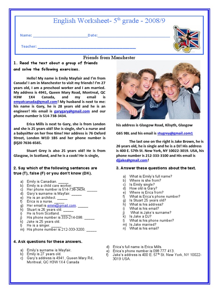 English Worksheet-5 Grade - 2008/9: Friends From Manchester | PDF