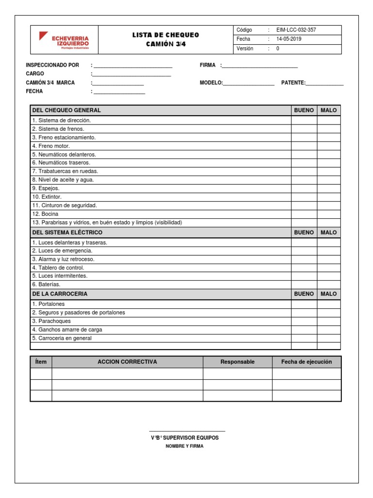 EIM-LCC-032-357 Lista de Chequeo Camión 3-4 - Rev. 0 | PDF