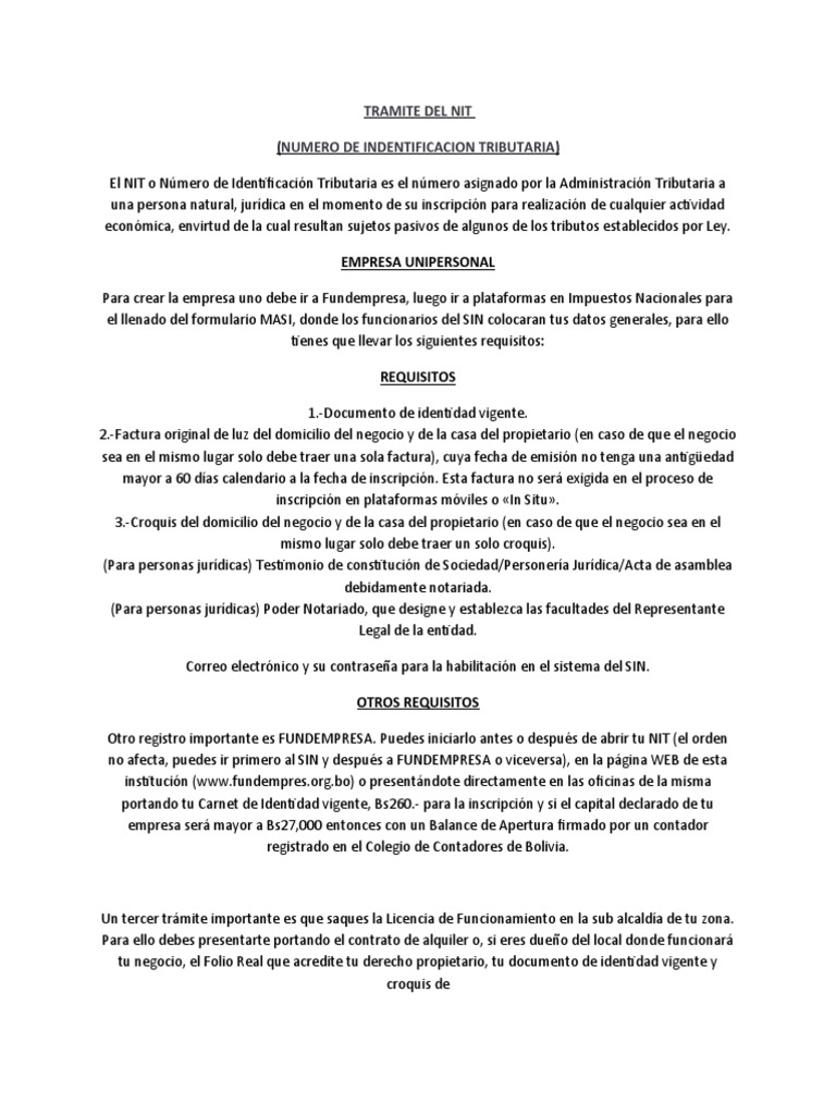 TRAMITE DEL NIT EN BOLIVIA | PDF