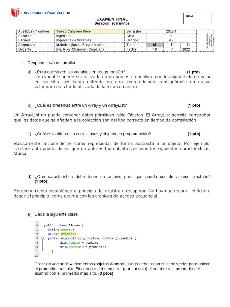 Examen Final: Metodologías de Programación | PDF | Variable (informática) | Datos de computadora