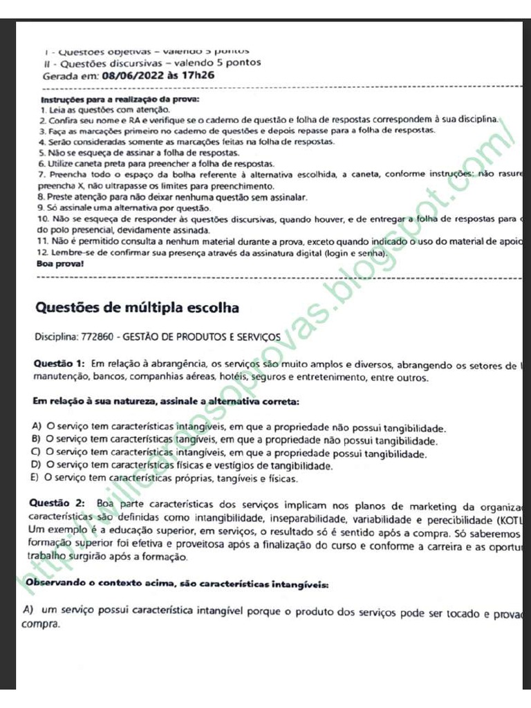 Prova de Gestão de Produtos e Serviços Unip | PDF