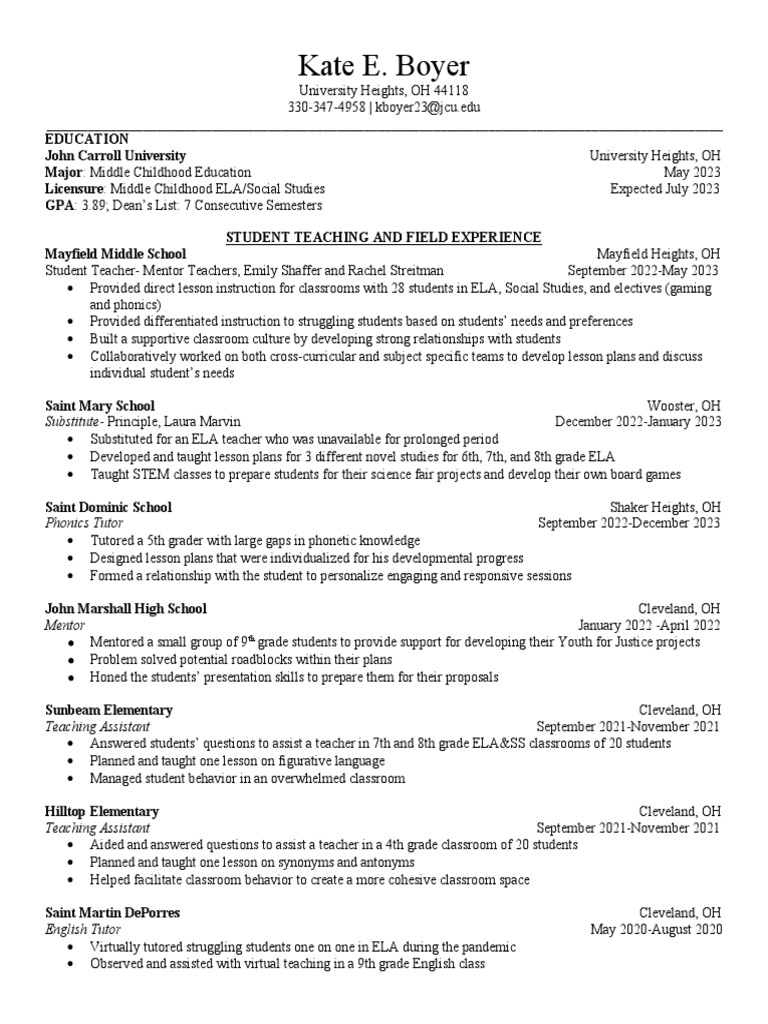 Boyer Kate Resume | PDF | Teachers | Phonics