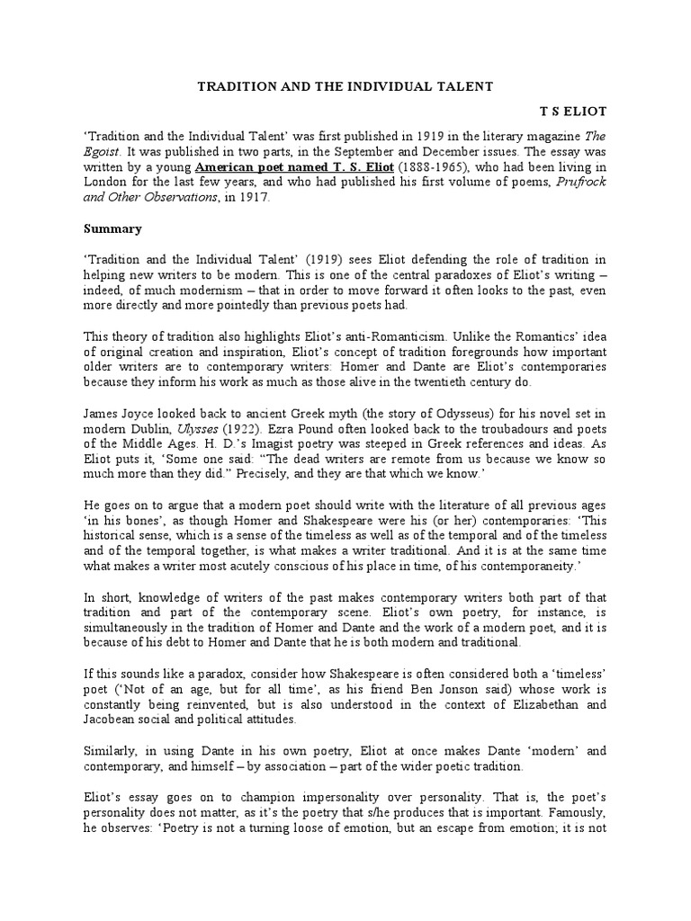 Tradition and The Individual Talent - ANALYSIS2 | Download Free PDF | T ...