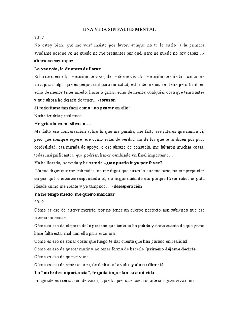 Una Vida Sin Salud Mental | PDF