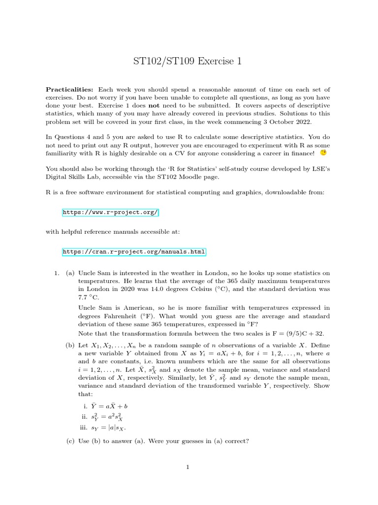 ST102 Exercise 1 | PDF | Variance | Standard Deviation