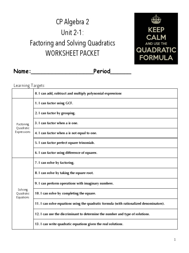CP Algebra 2 Unit 2-1: Factoring and Solving Quadratics Worksheet ...