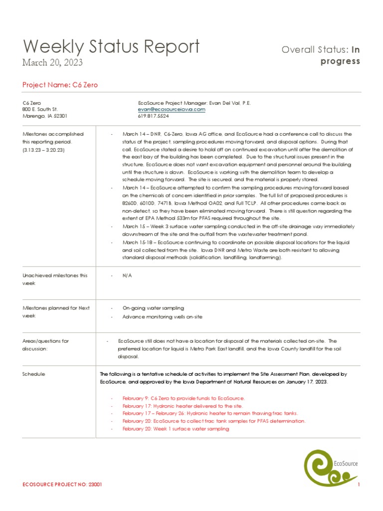 EcoSource Weekly Status Report - 23001 | PDF | Waste Management ...