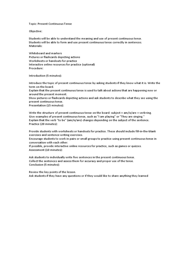 Present Continuous Lesson Plan For 4th Grades | PDF