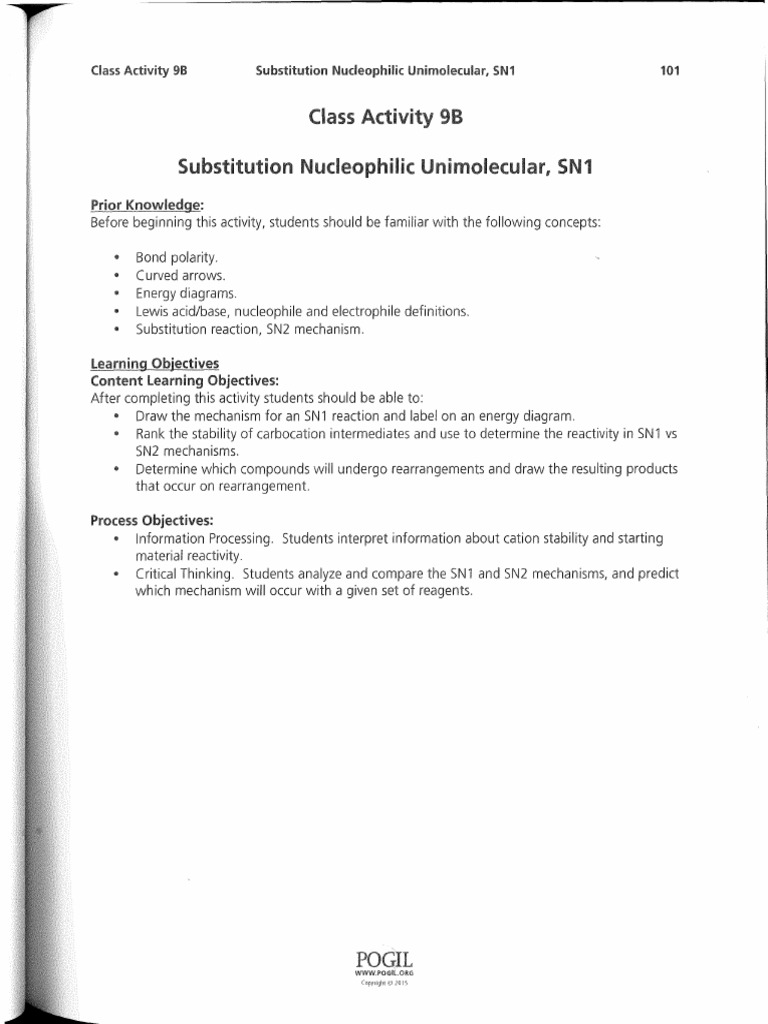 POGIL Practice Substitution Nucleophilic Unimolecular SN1 | PDF | Chemical Reactions | Physical ...