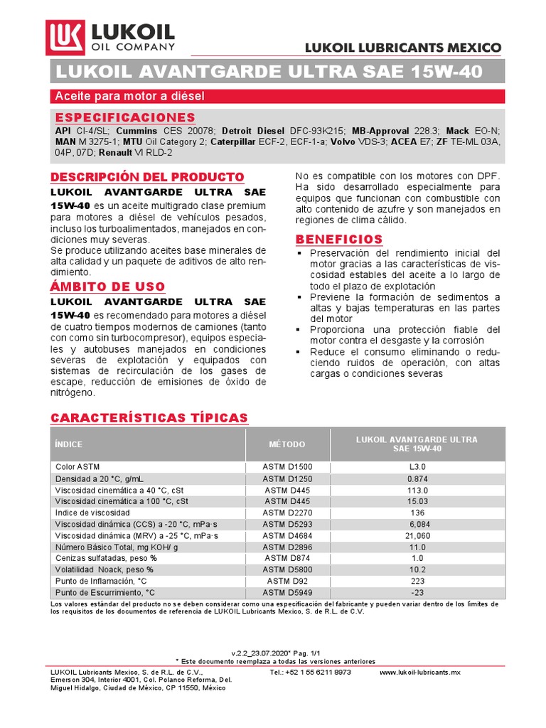 Aceite Lukoil Avantgarde Ultra 15W-40 | PDF | Motor diesel | Turbocompresor