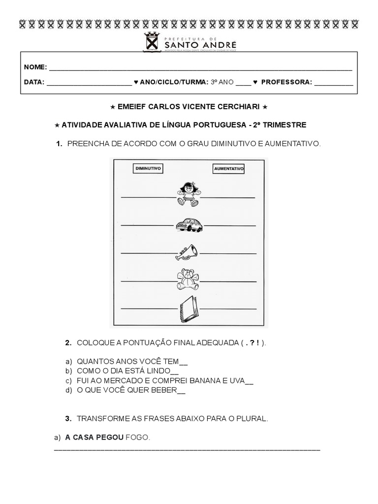 Avaliação de língua portuguesa com exercícios de gramática, pontuação e ...