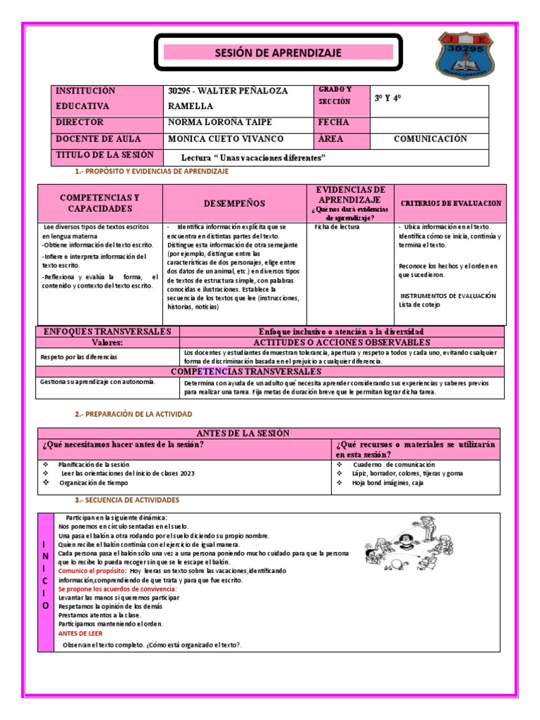 Sesión de Aprendizaje 2 Comu Huancamachay | PDF | Aprendizaje | Evaluación