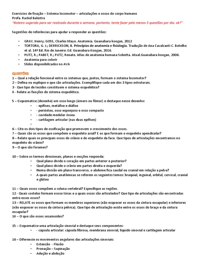 Exercícios de Fixação - OSSOS E ARTICULAÇÕES | PDF | Esqueleto | Osso Exercícios de Fixação - OSSOS E ARTICULAÇÕES | PDF | Esqueleto | Osso