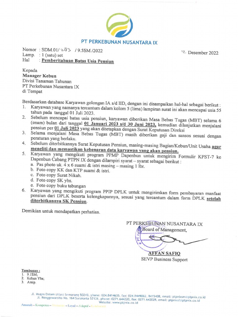 SDM 01 283 Pemberitahuan Batas Usia Pensiun 1 Jan 2023 SD 30 J | PDF