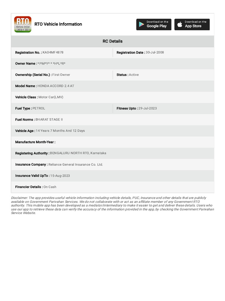 RTO Vehicle Information: RC Details | PDF