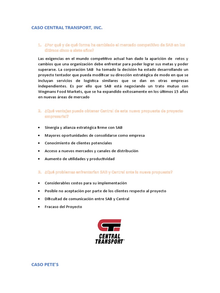 Caso Central Transport y Pete's | PDF | Logística | Producto (Negocio)