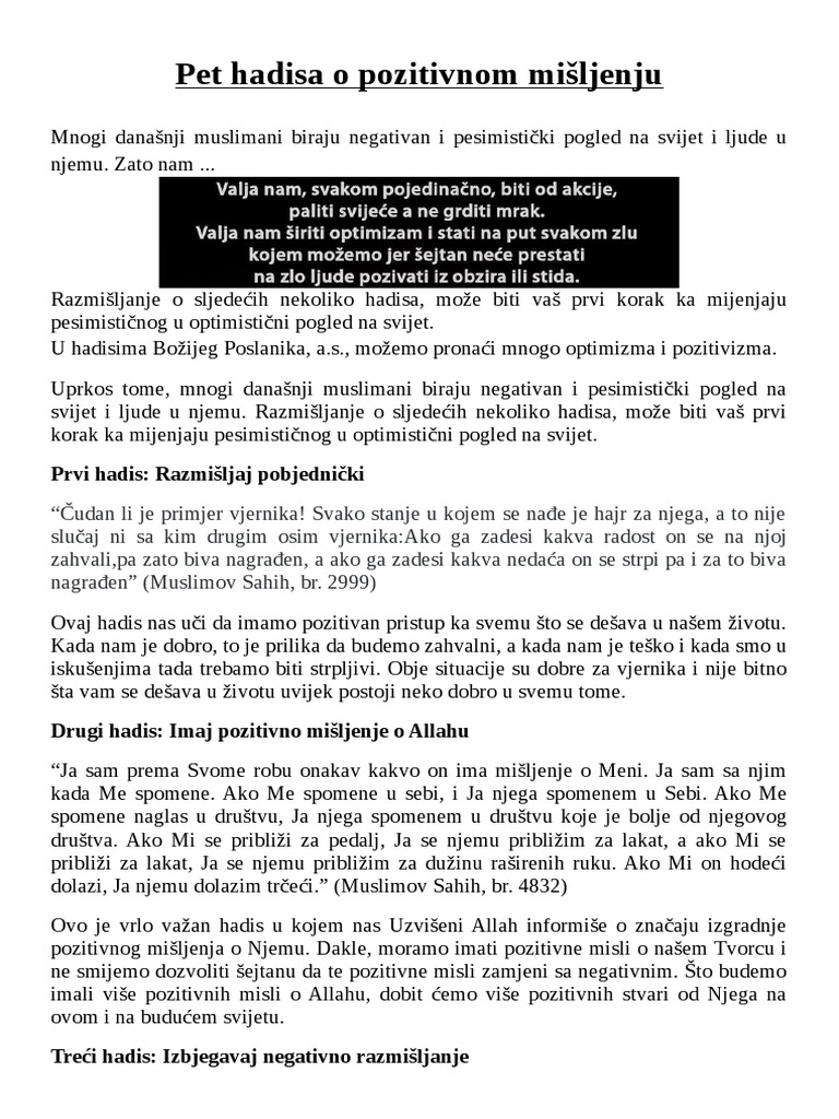 Pet Hadisa o Pozitivnom Mišljenju: Prvi Hadis: Razmišljaj Pobjednički | PDF