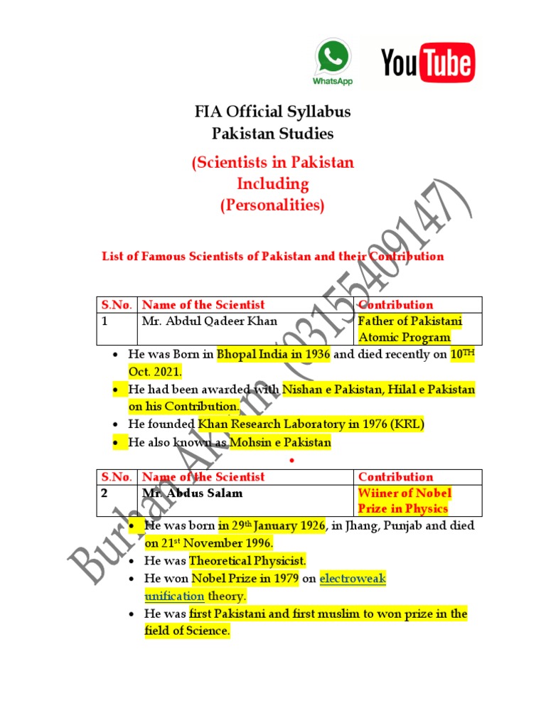 Scientist and Important Personalities of Pakistan | PDF | Pakistan ...