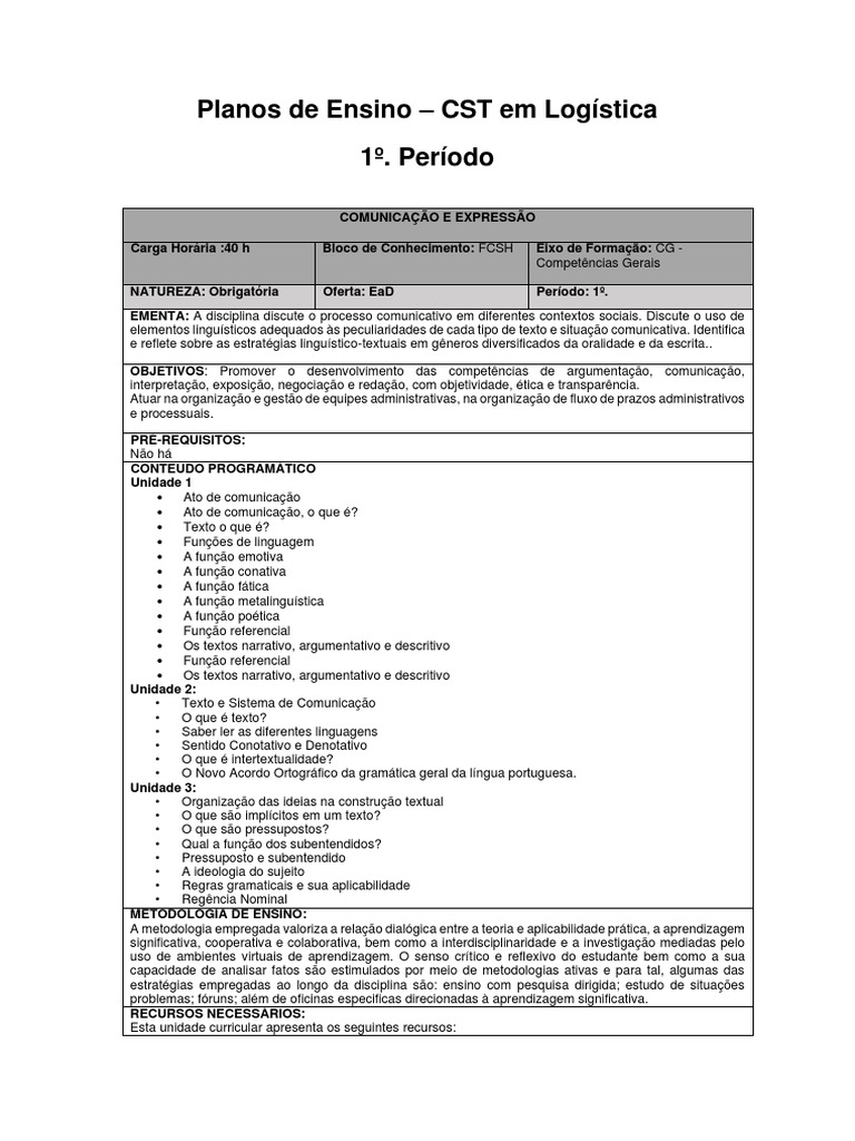 Planos de Ensino - CST em Logística 1º. Período | PDF | Aprendizado ...