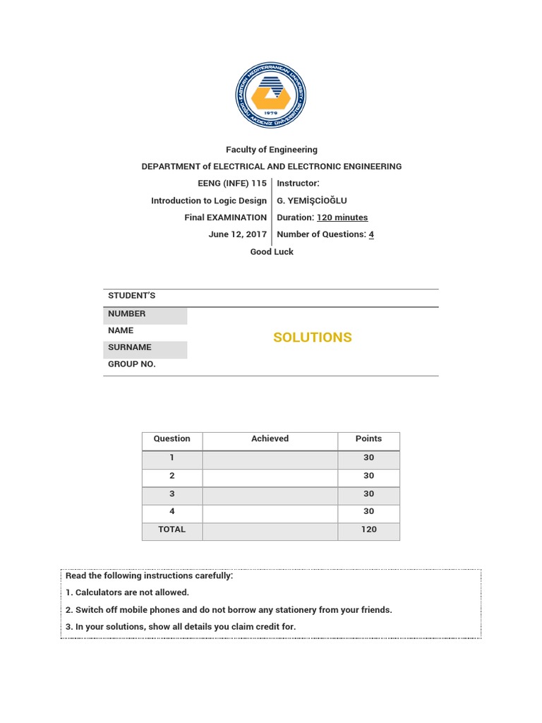 Logic Design Final Exam 2017 | PDF | Digital Technology | Electronics