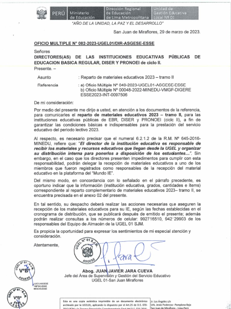 Oficio Múltiple N 82 2023 Ugel01 Asgese Anexos Pdf Perú