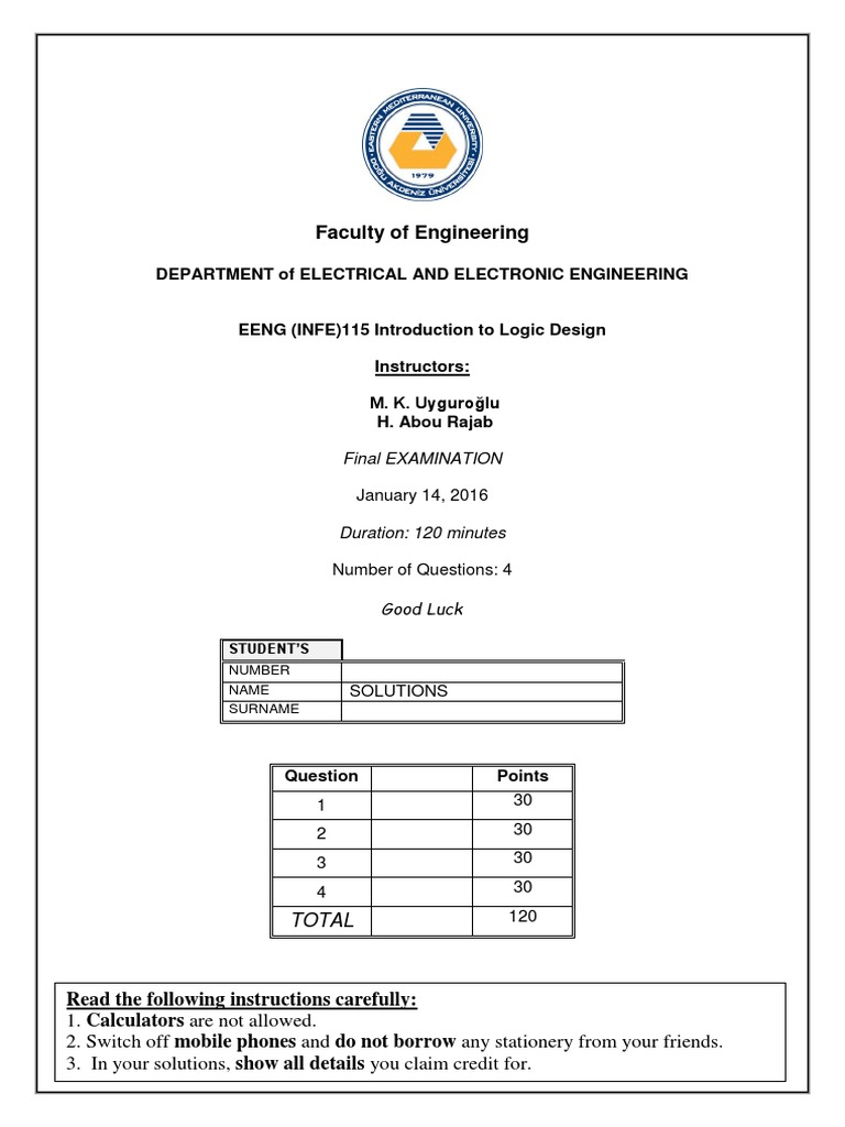 Logic Design Final Exam - EENG 115 | PDF | Logic Gate | Theoretical ...