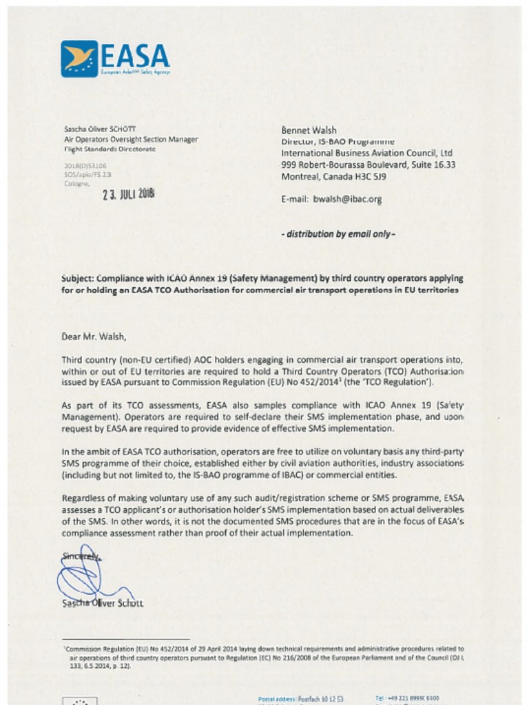 EASA - IS-BAO Compliance With ICAO Annex 19 Safety Management by TCOs | PDF