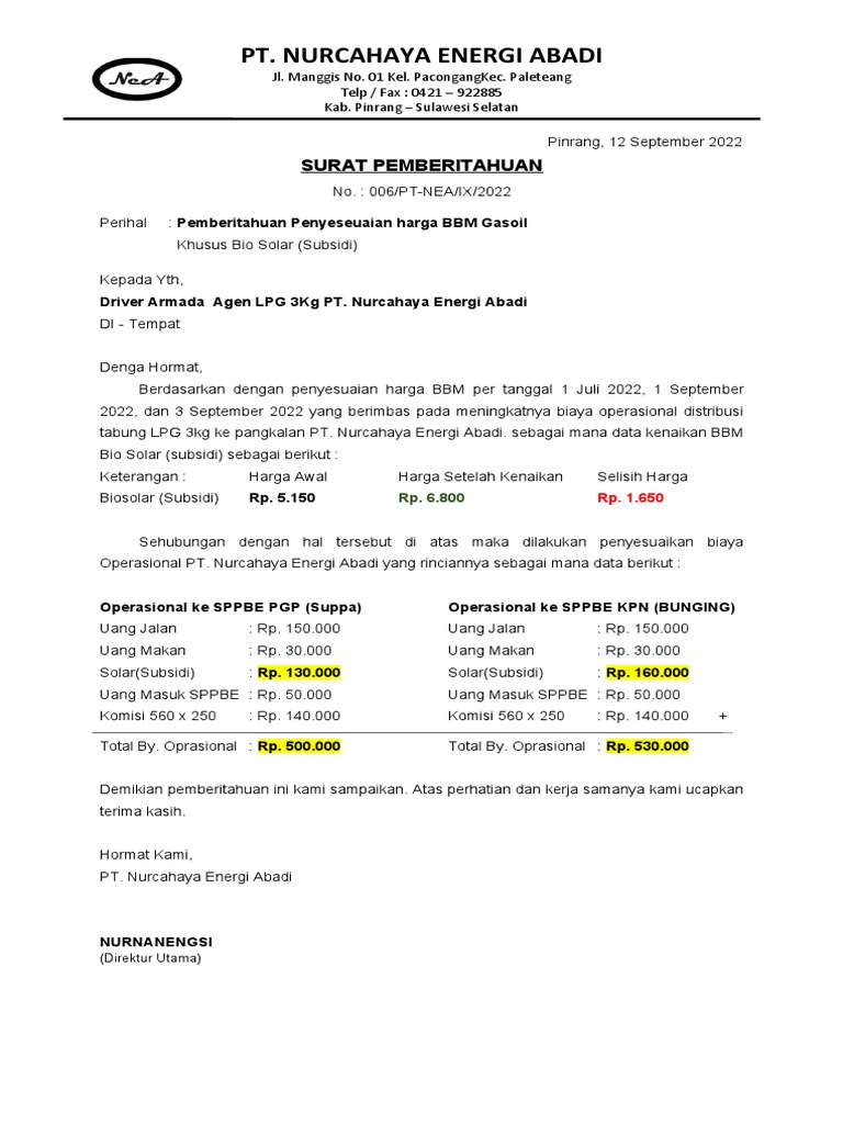 Surat Pemberitahuan Kenaikan Harga Solar | PDF