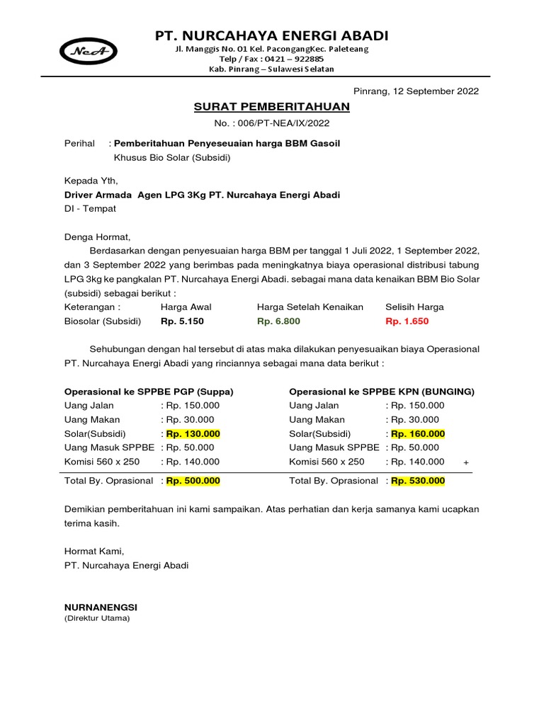 Pemberitahuan Kenaikan Biaya Operasional Distribusi LPG Akibat Kenaikan Harga BBM | PDF