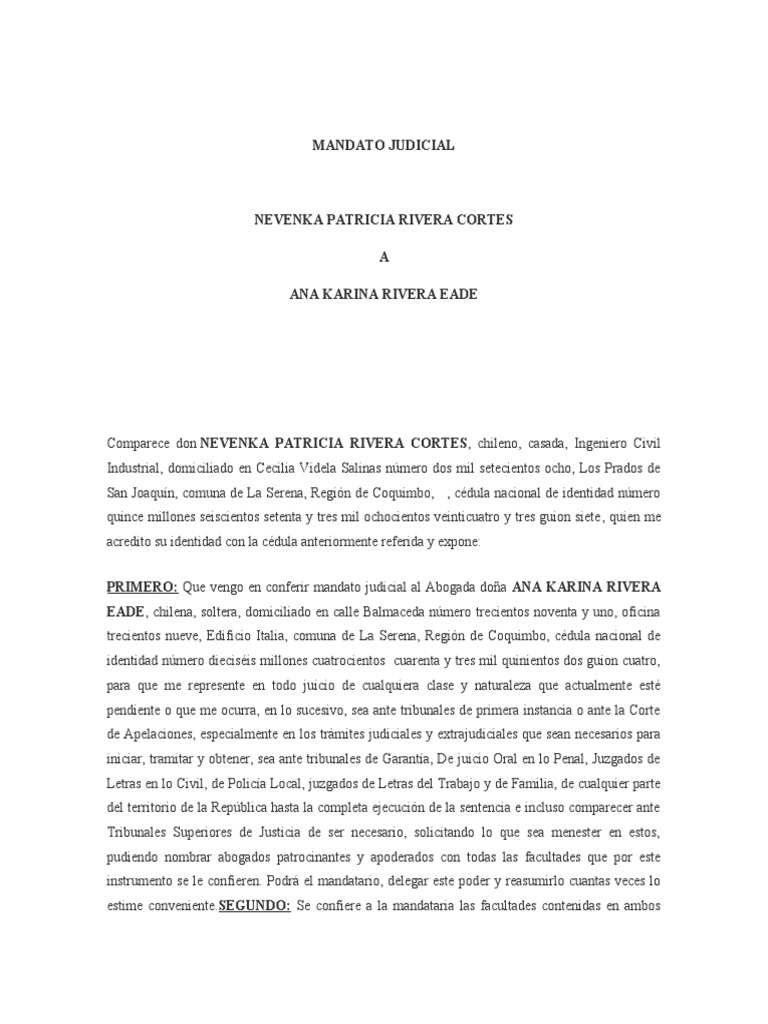 Mandato judicial para representación legal en todos los asuntos ...