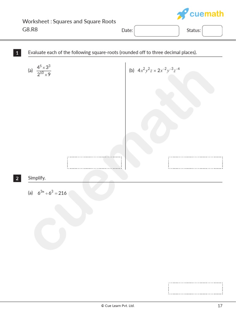 Worksheet: G8.R8 Squares and Square Roots: Date: Status | PDF