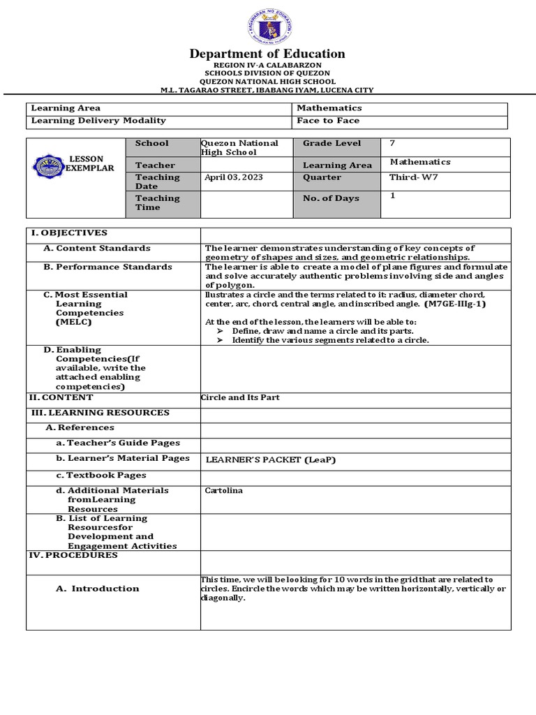 W7 - Lesson Plan | PDF | Circle | Angle