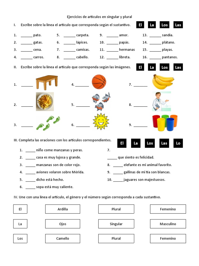 Ejercicios (Artículos en Singular y Plural) | PDF