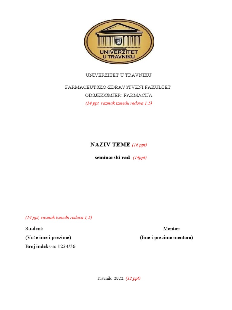 Naziv Teme: Univerzitet U Travniku Farmaceutsko-Zdravstveni Fakultet Odsjek/Smjer: Farmacija | PDF